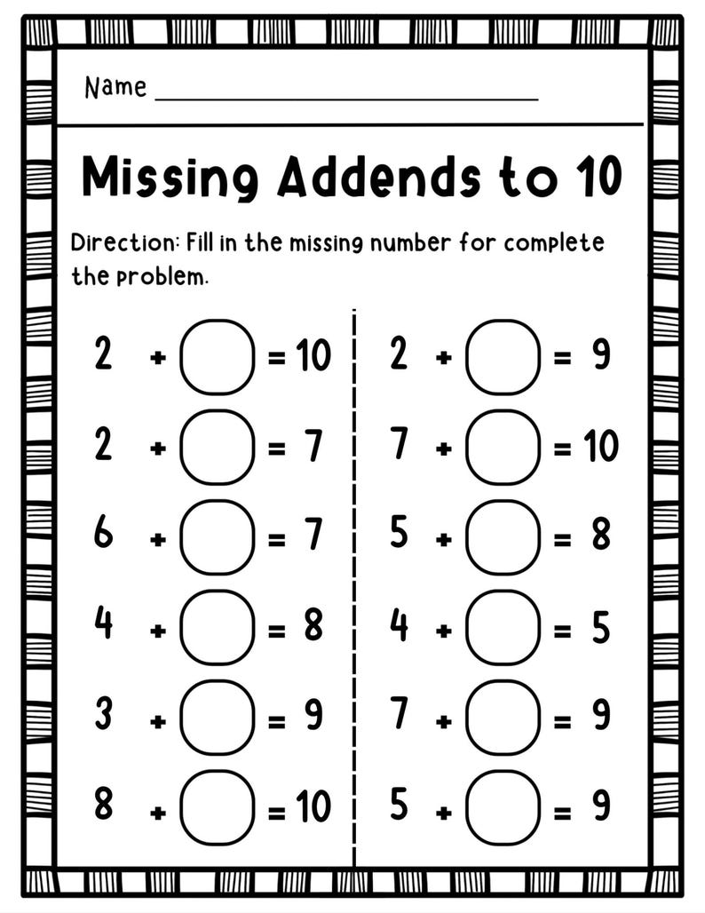 Missing Addends to 10 Worksheets With Answer Key | Kindergarten & 1st ...