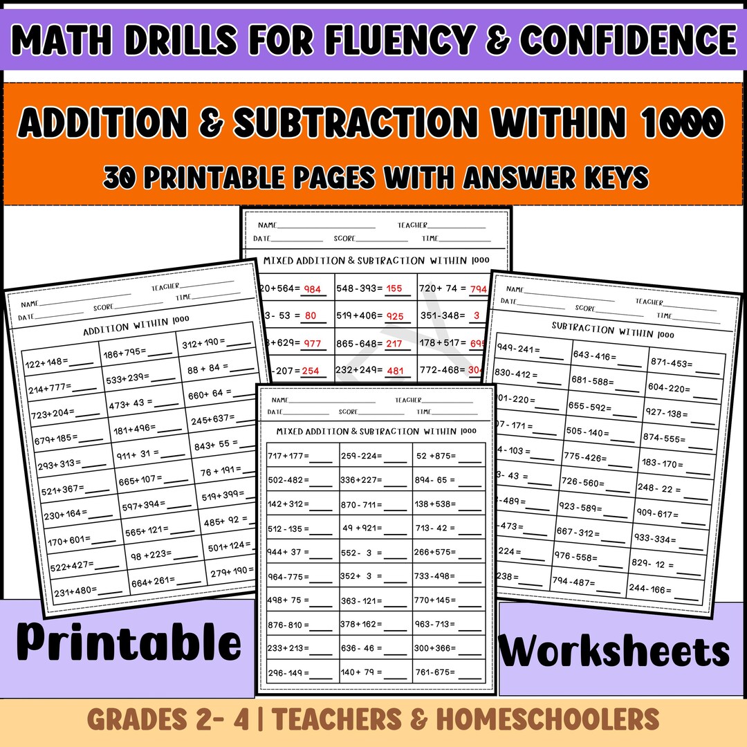 Math Fluency Practice Addition & Subtraction to 1000 Worksheets ...