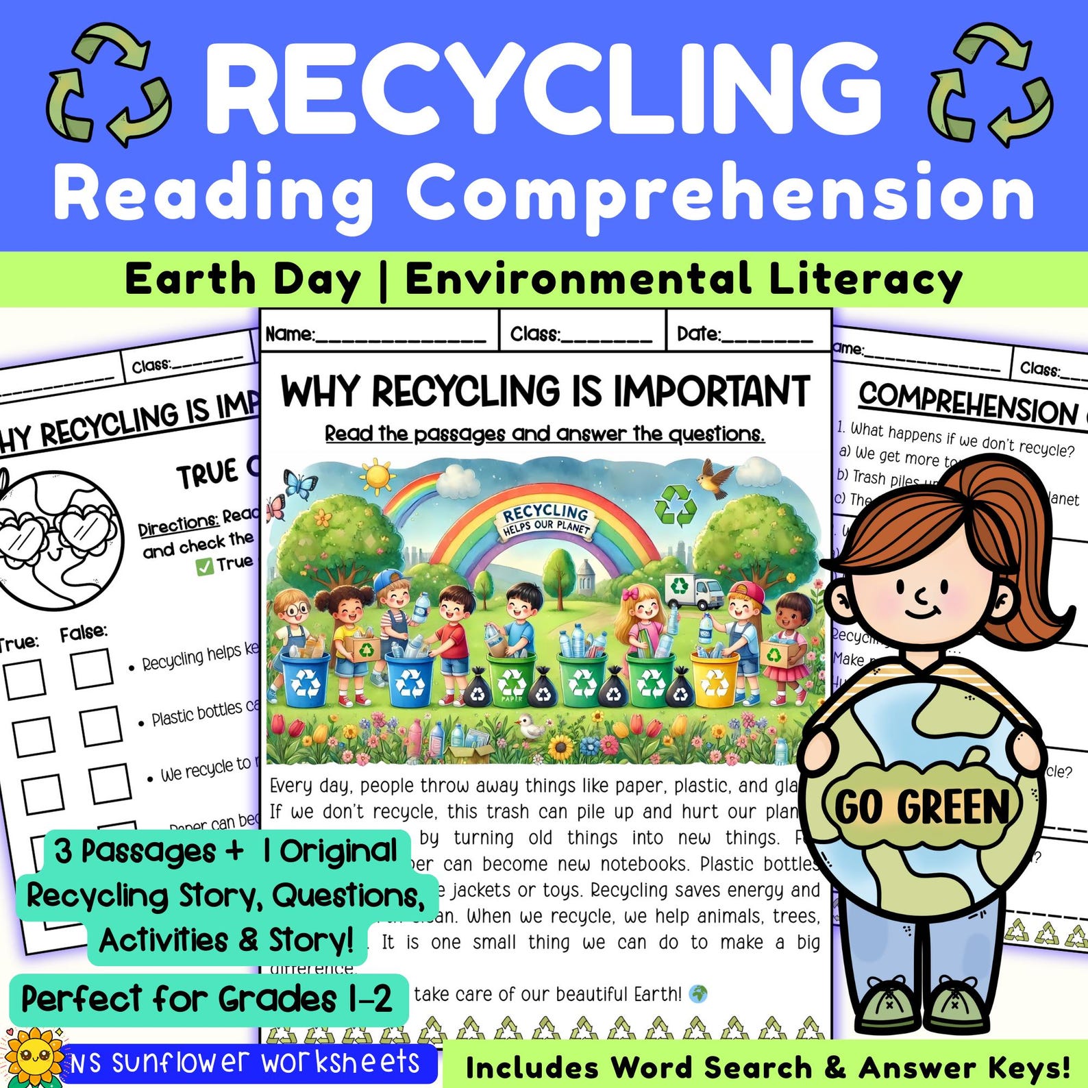 Recycling Reading Comprehension Passages and Activities | Earth Day ...