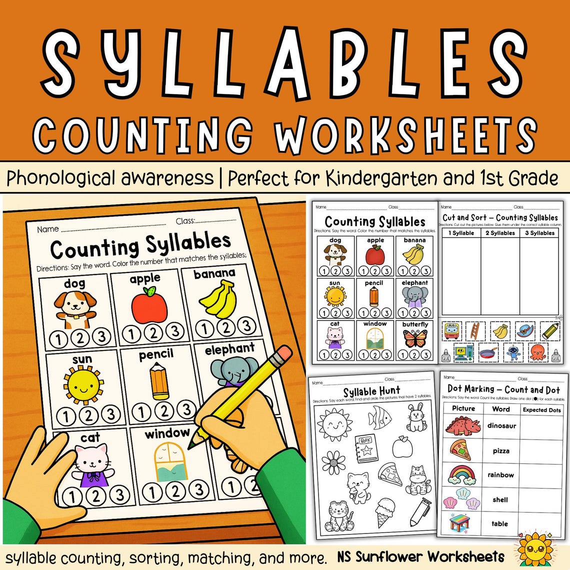 Counting Syllables Worksheets | Phonological Awareness Activities for K ...
