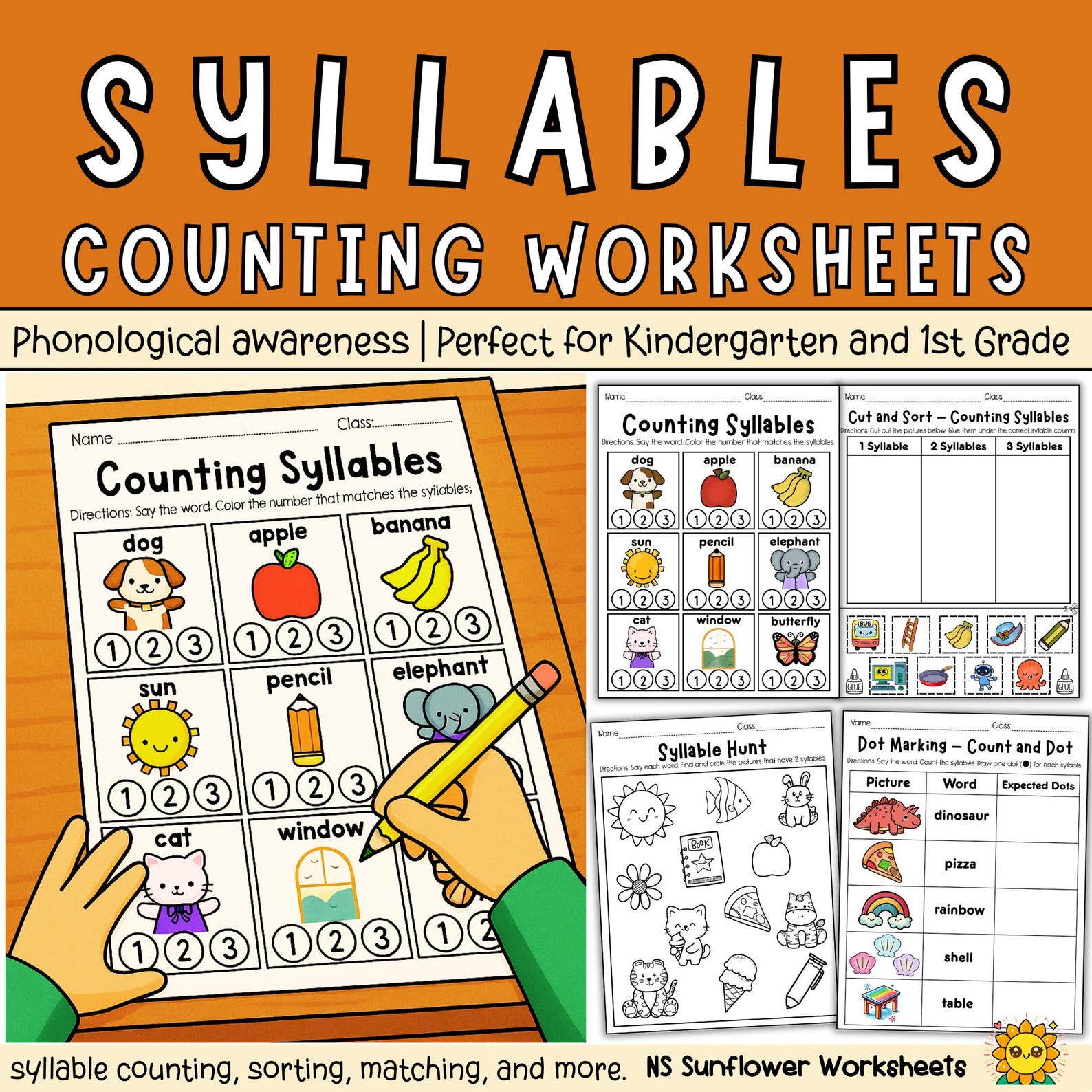 Counting Syllables Worksheets | Phonological Awareness Activities for K ...