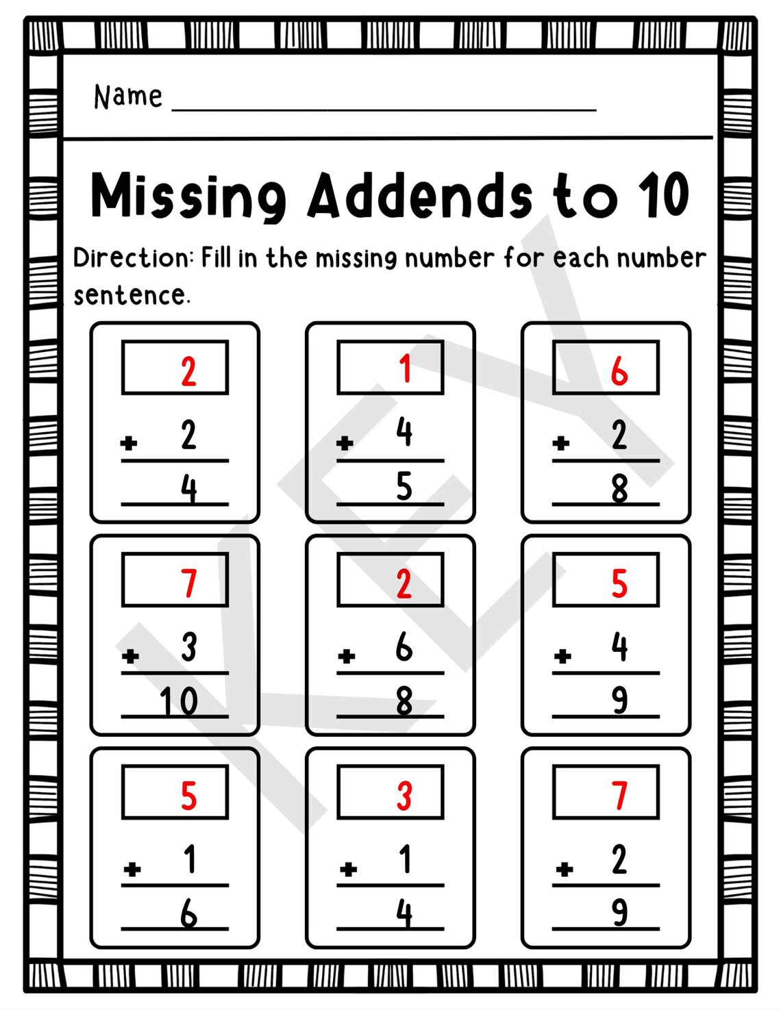 Missing Addends to 10 Worksheets With Answer Key | Kindergarten & 1st ...