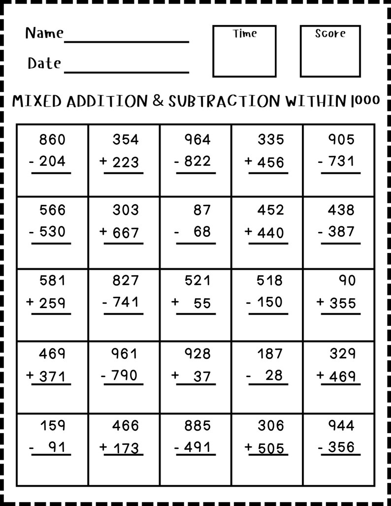 Math Fluency Practice Addition & Subtraction to 1000 Worksheets ...