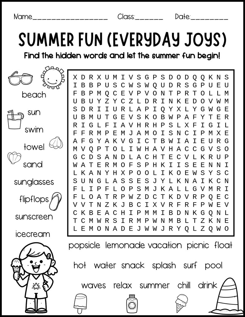 Summer Word Search End of Year Activity | Grades 3–7 | Fun Printable ...