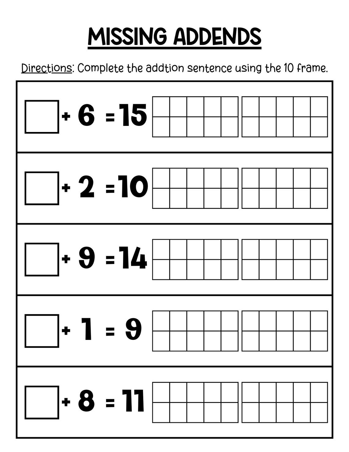 Missing Addends to 20 Worksheet - Etsy