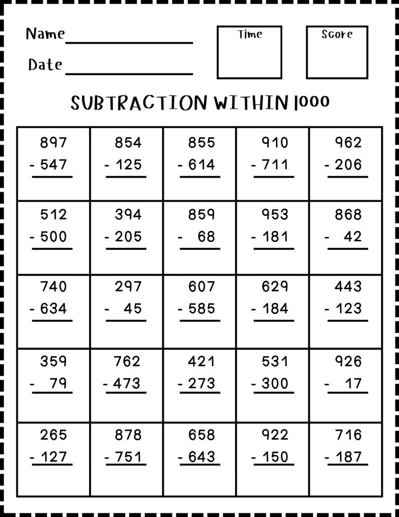 Math Fluency Practice Addition & Subtraction to 1000 Worksheets ...