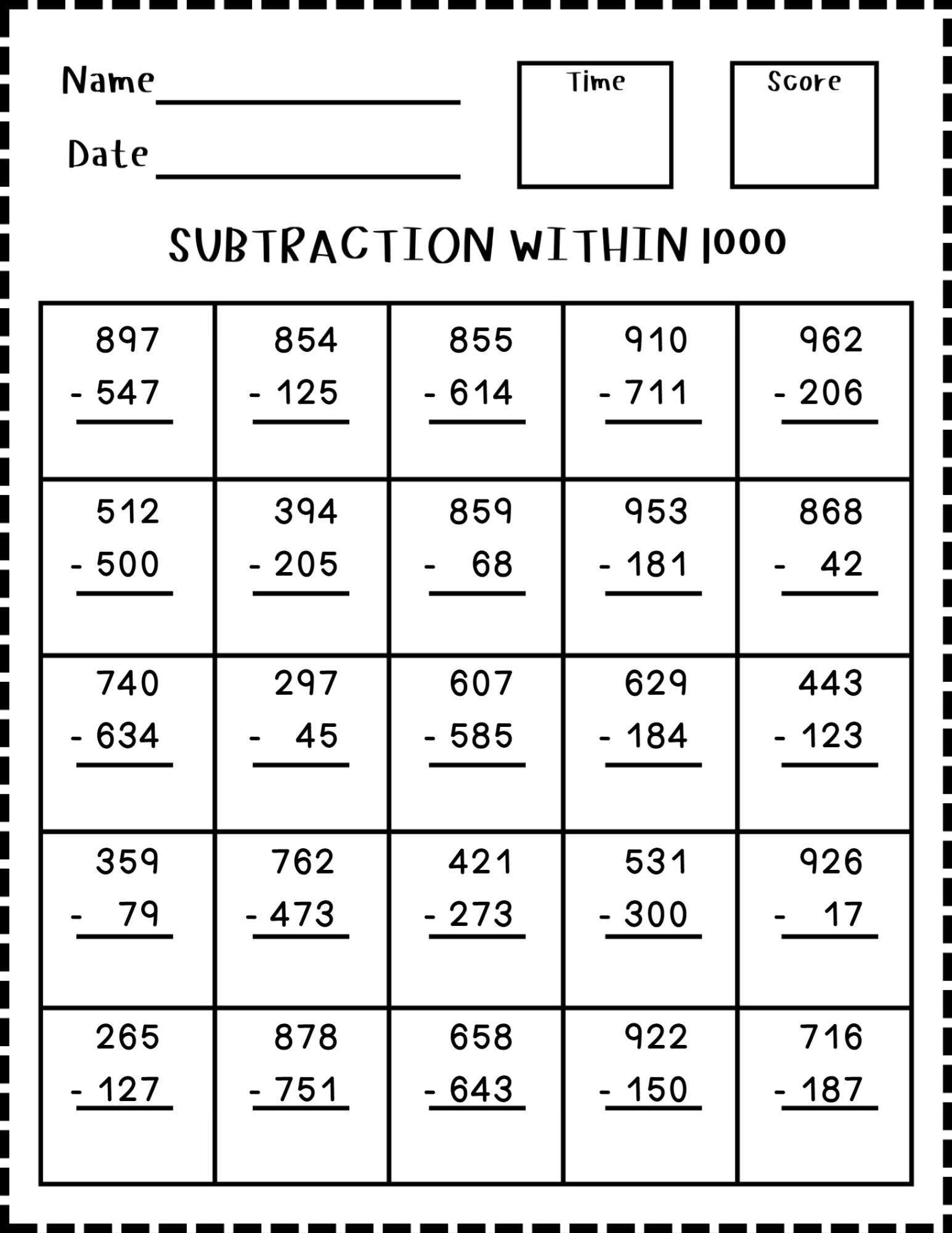Math Fluency Practice Addition & Subtraction to 1000 Worksheets ...