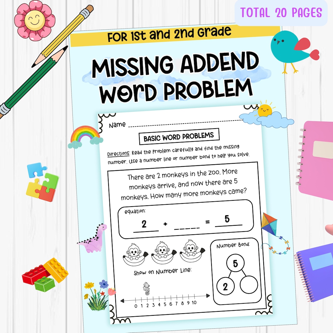 Missing Addend Word Problems Worksheets | Fun & Visual Math Practice for Grades 1-2 - Etsy