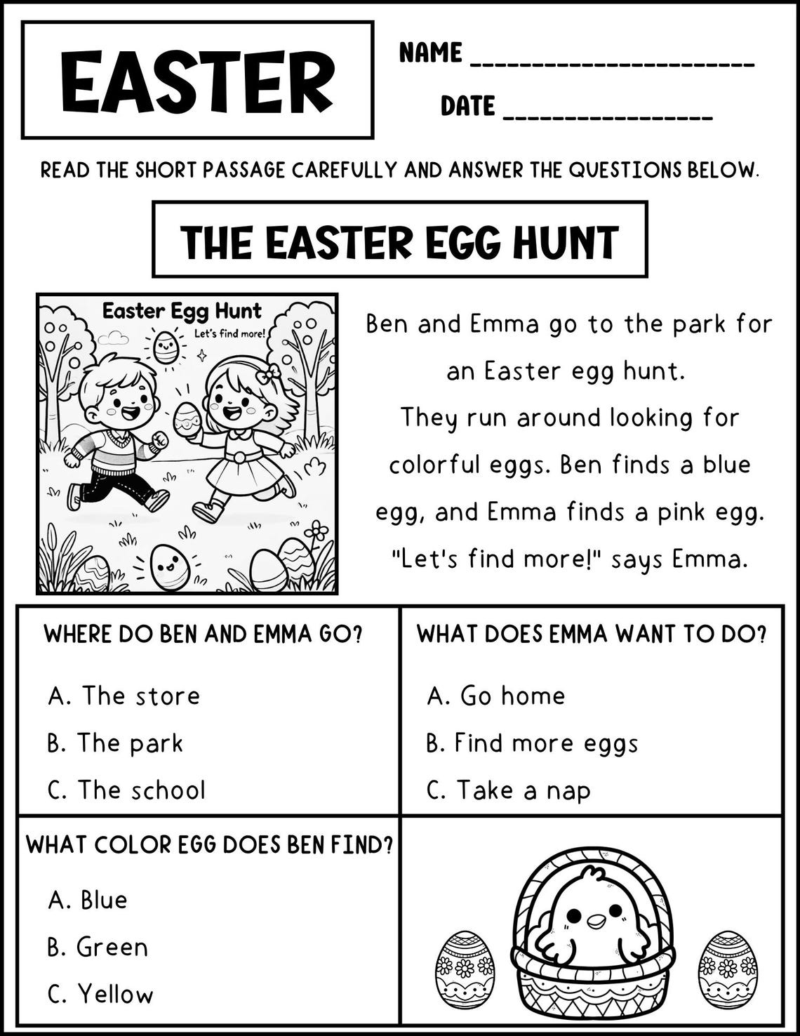 Easter Reading Comprehension for Kindergarten & 1st Grade | 10 Fun ...