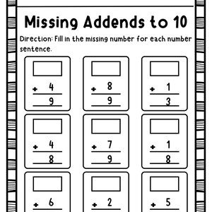 Missing Addends to 10 Worksheets With Answer Key | Kindergarten & 1st ...