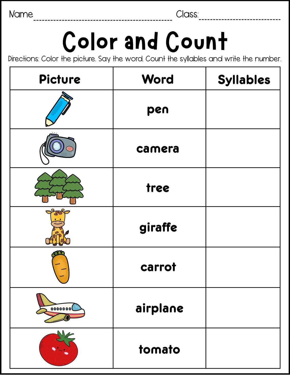 Counting Syllables Worksheets | Phonological Awareness Activities for K ...