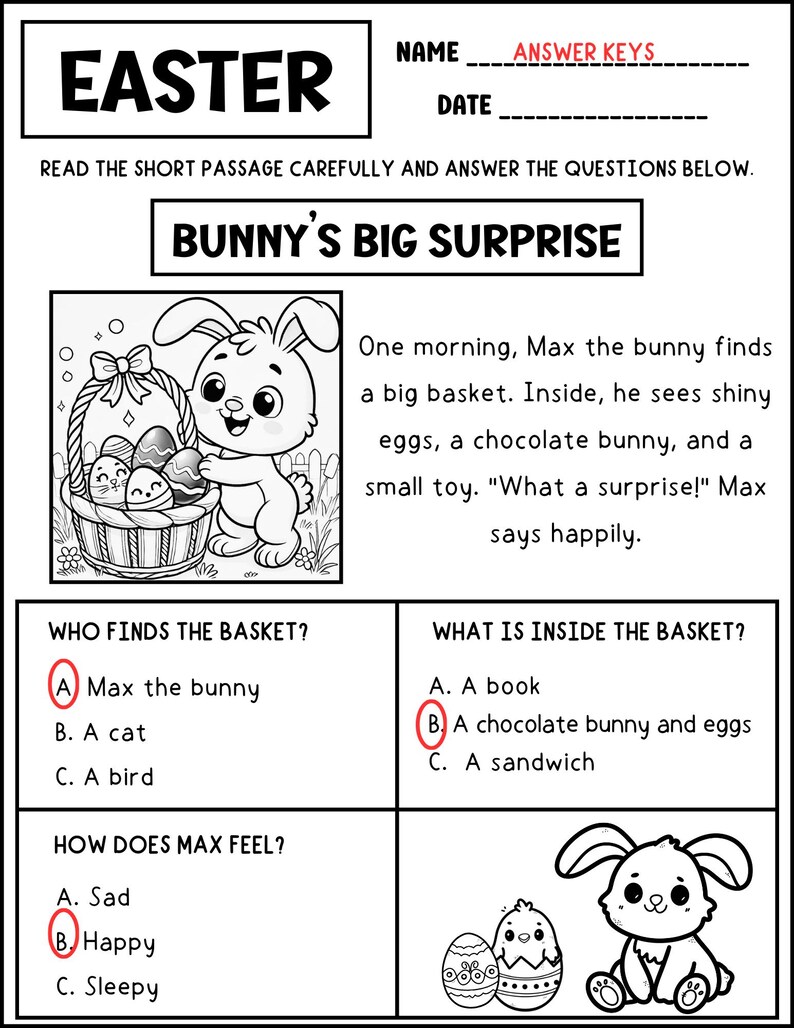 Easter Reading Comprehension for Kindergarten & 1st Grade | 10 Fun ...