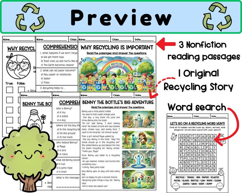 Recycling Reading Comprehension Passages and Activities | Earth Day ...