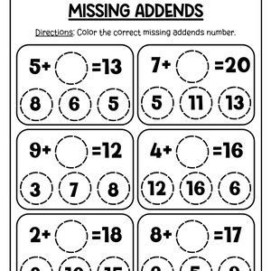 Missing Addends to 20 Worksheet - Etsy