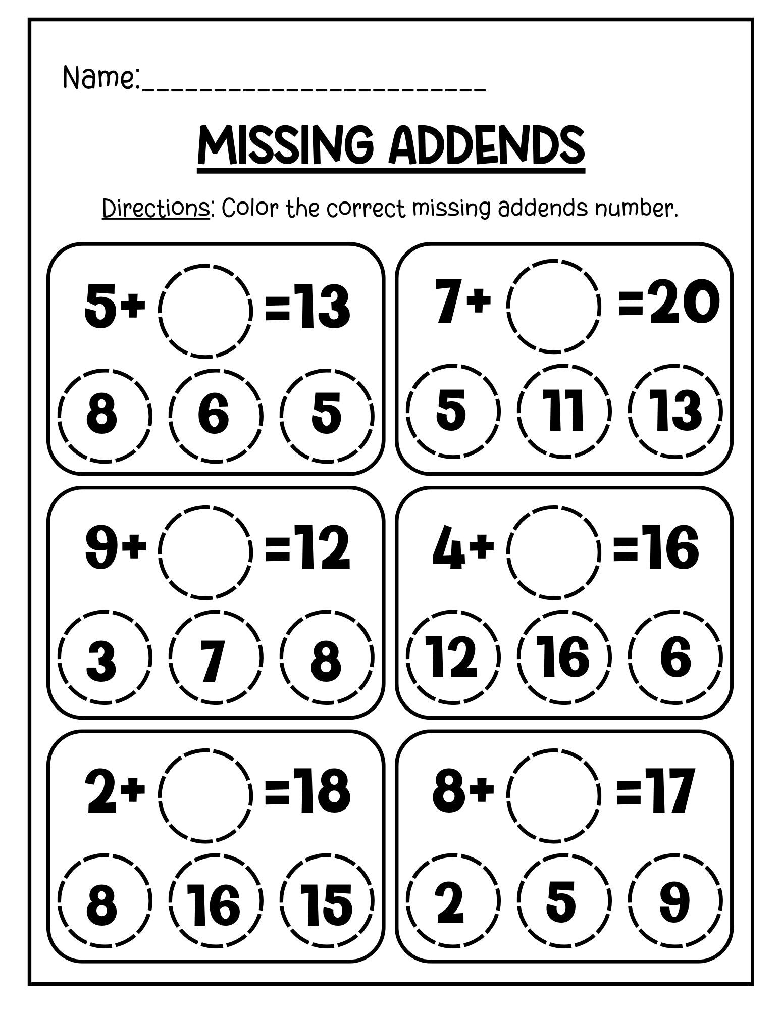Missing Addends to 20 Worksheet - Etsy