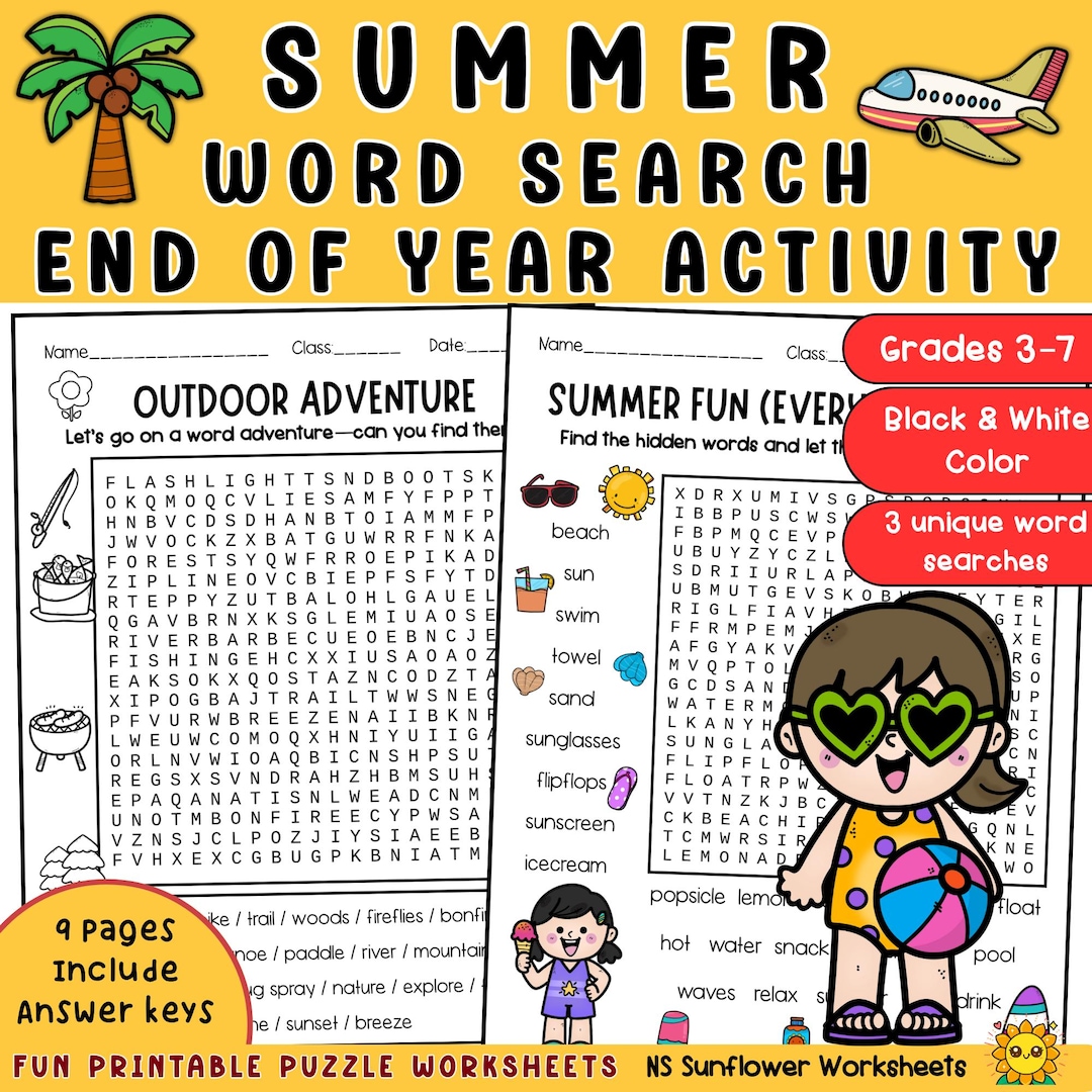 Summer Word Search End of Year Activity | Grades 3–7 | Fun Printable ...