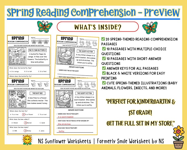 Spring Reading Comprehension Passages for Kindergarten & 1st Grade | 20 ...