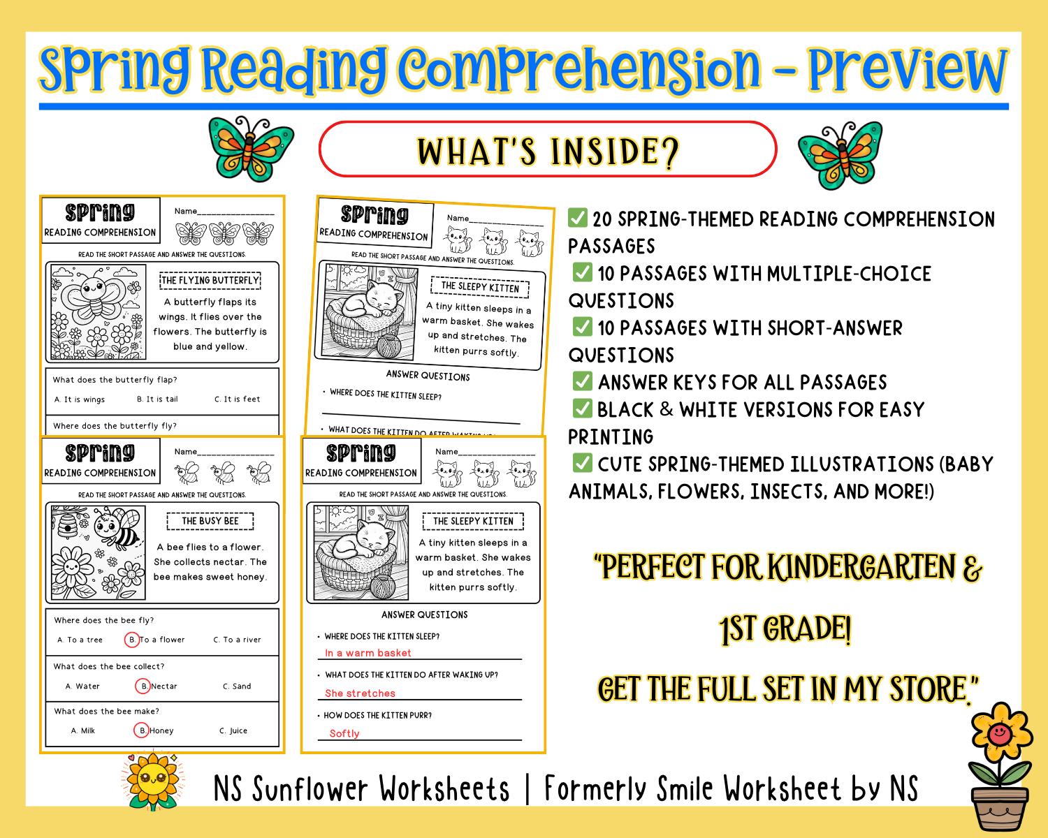 Spring Reading Comprehension Passages for Kindergarten & 1st Grade | 20 ...