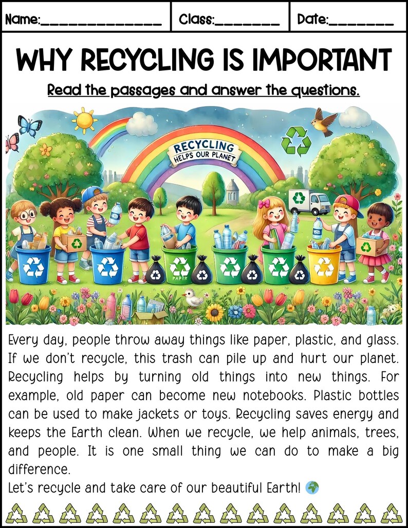 Recycling Reading Comprehension Passages and Activities | Earth Day ...