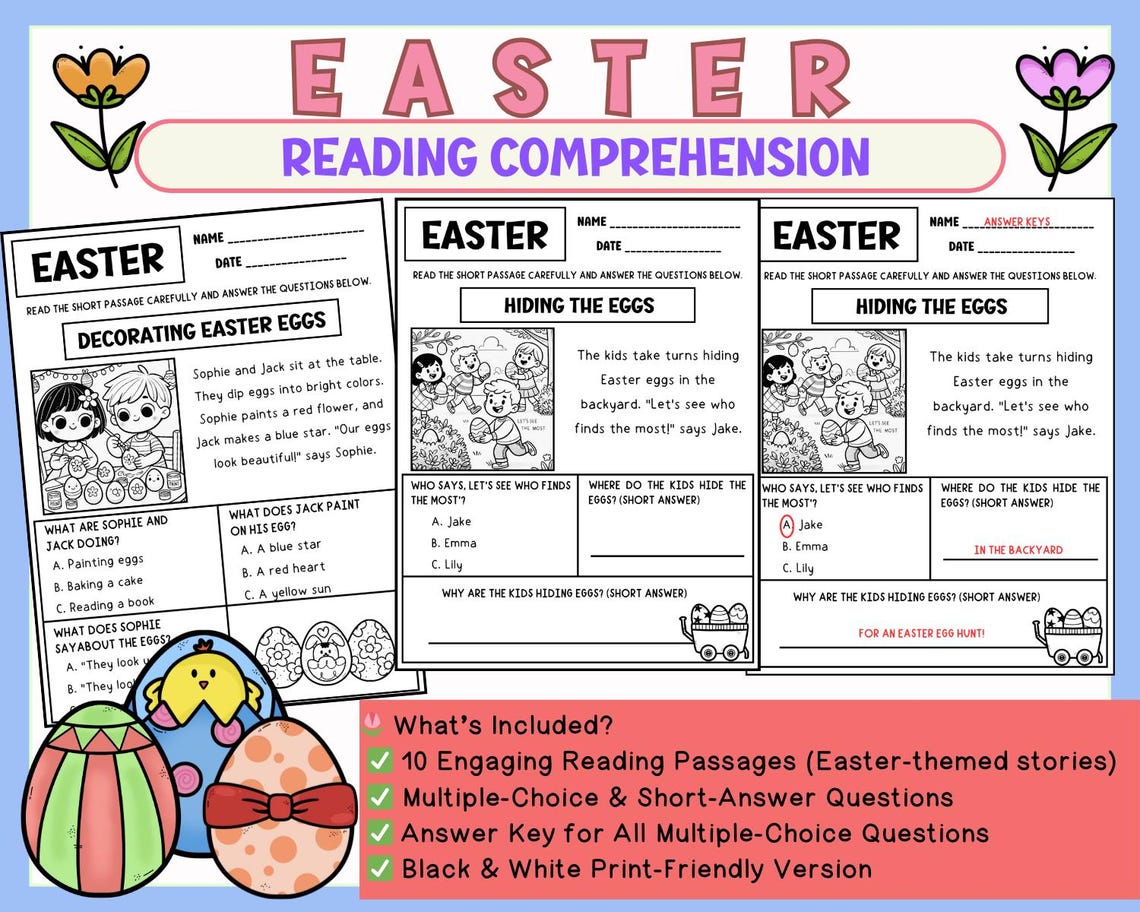 Easter Reading Comprehension for Kindergarten & 1st Grade | 10 Fun ...