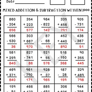 Math Fluency Practice Addition & Subtraction to 1000 Worksheets ...