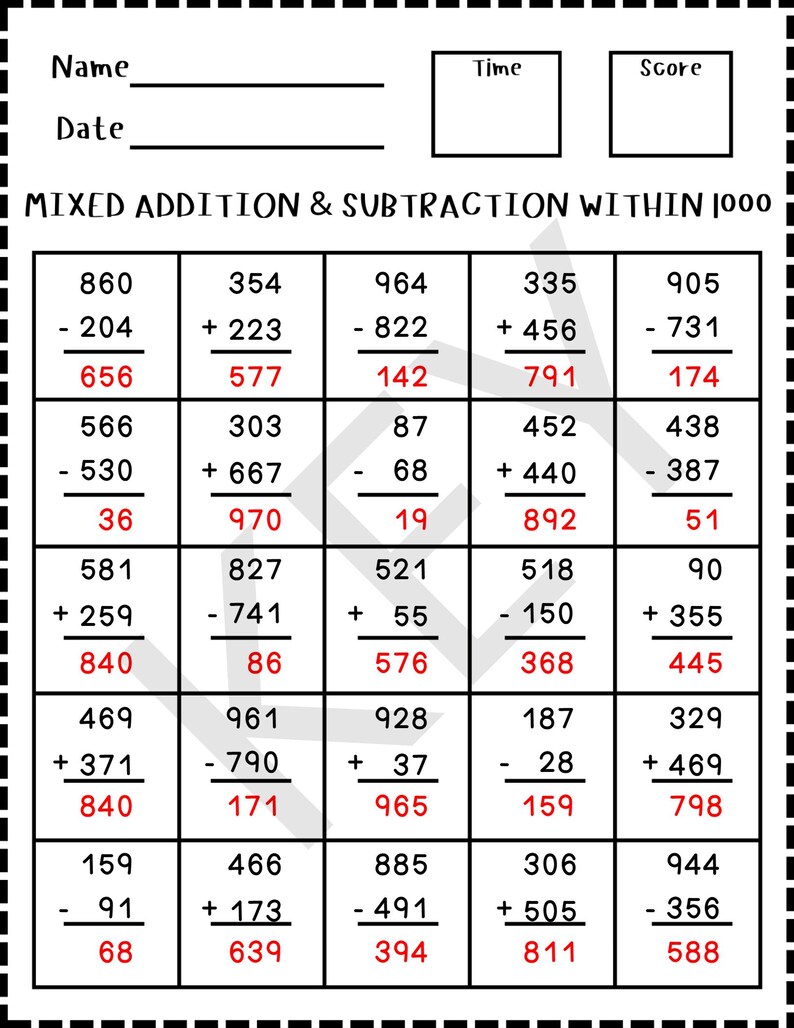 Math Fluency Practice Addition & Subtraction to 1000 Worksheets ...