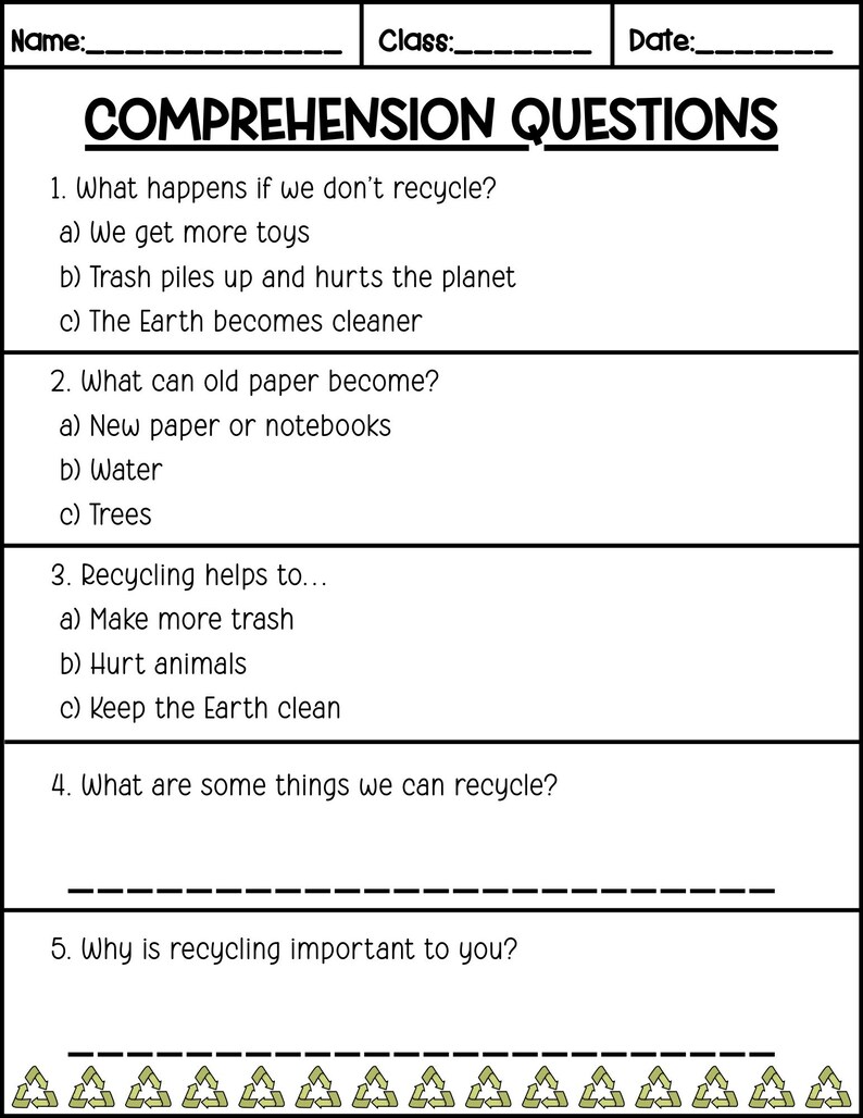 Recycling Reading Comprehension Passages and Activities | Earth Day ...