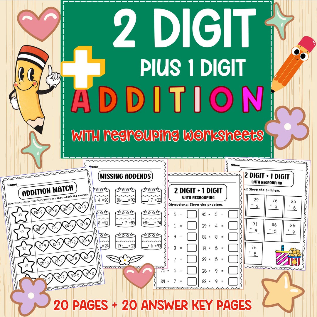 2-digit Plus 1-digit Addition With Regrouping Worksheets | 40 Pages ...