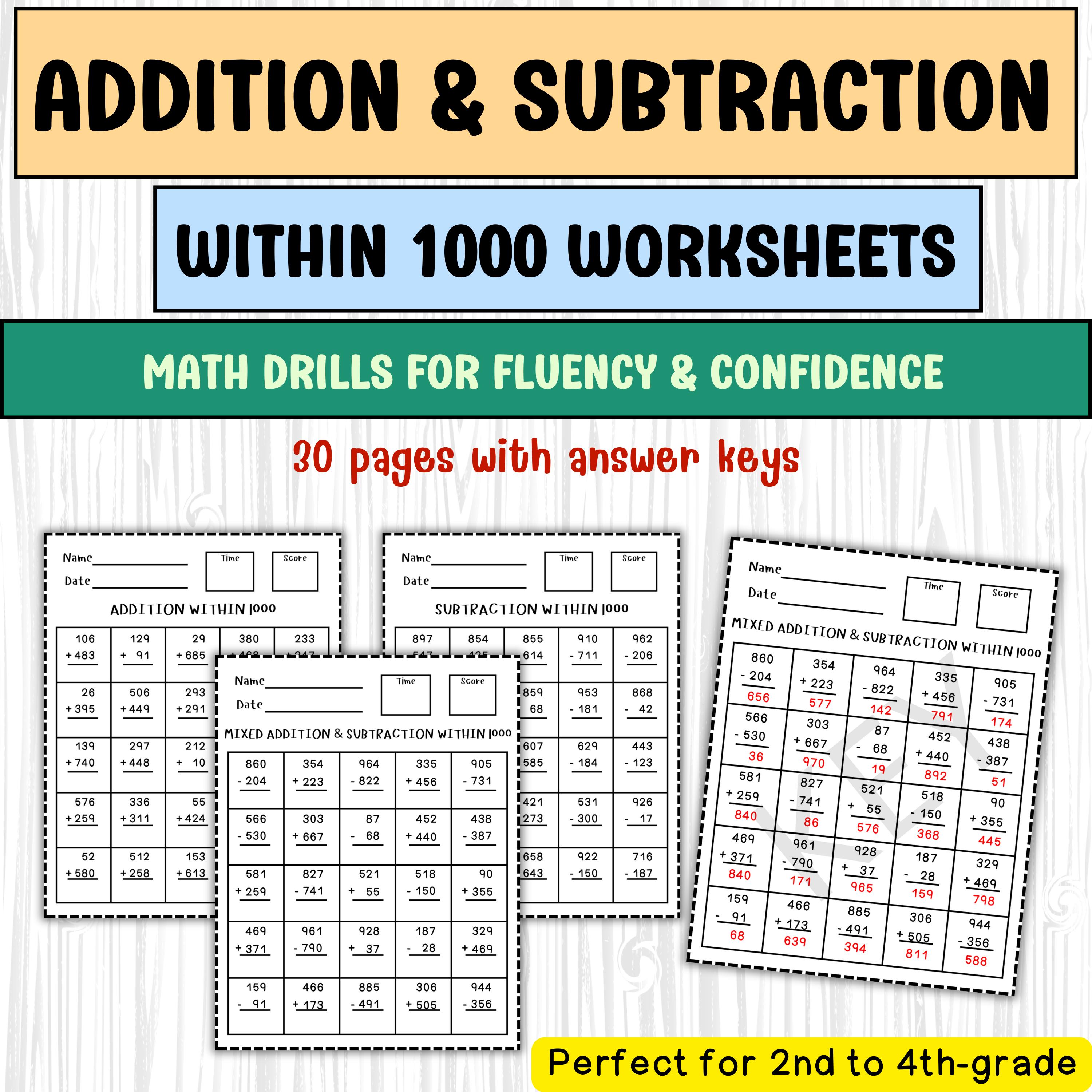 Math Fluency Practice Addition & Subtraction to 1000 Worksheets ...