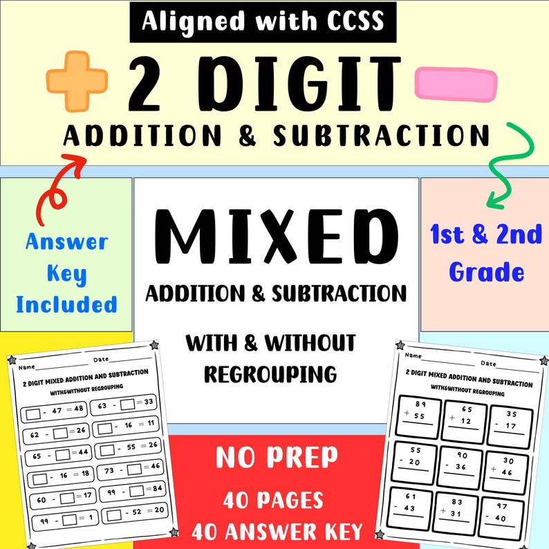 2 Digit Mixed Addition and Subtraction With and Without Regrouping ...