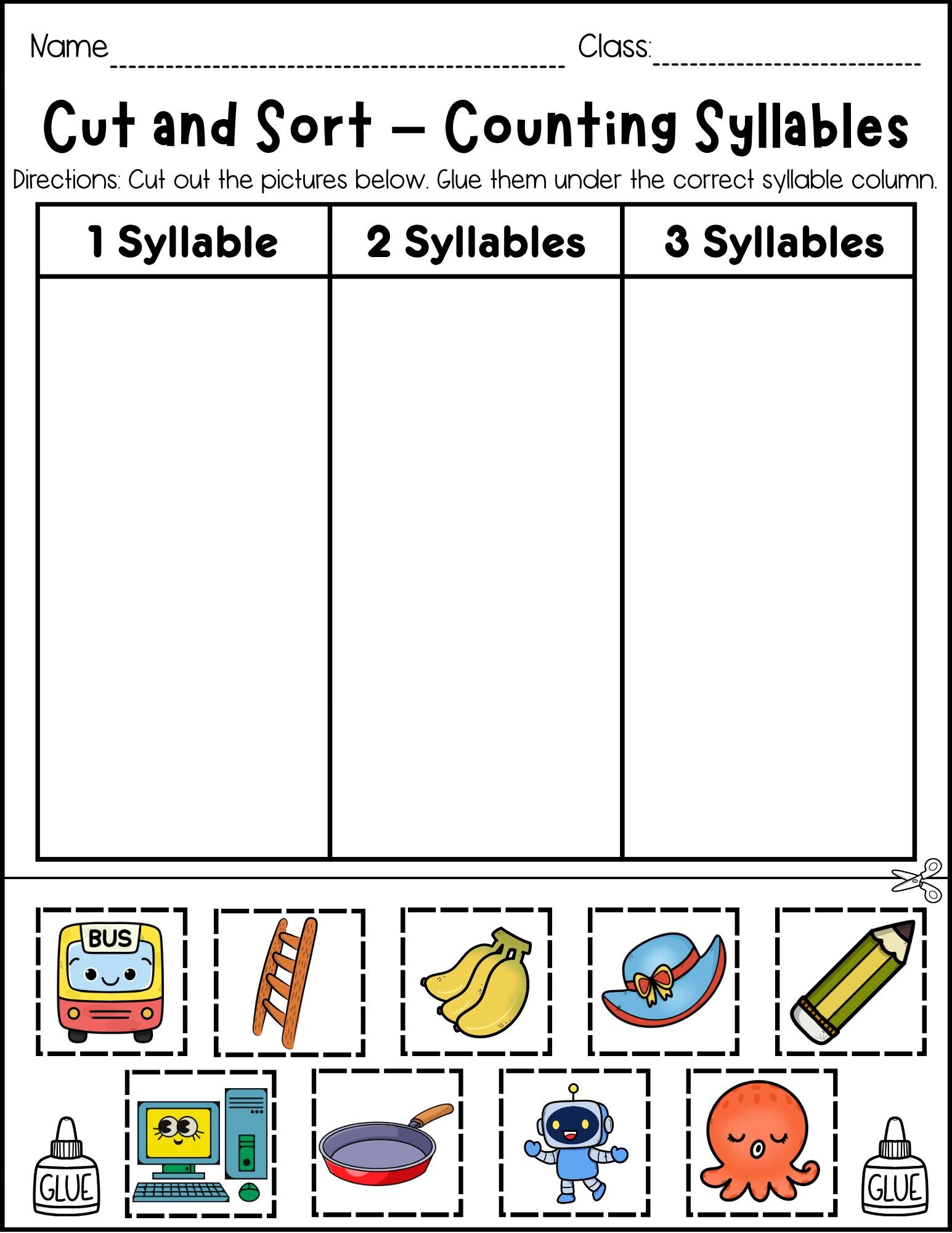 Counting Syllables Worksheets | Phonological Awareness Activities for K ...