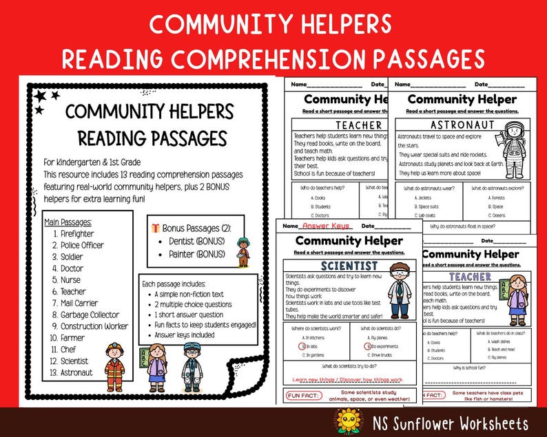 Community Helpers Reading Comprehension Passages | Kindergarten & 1st ...
