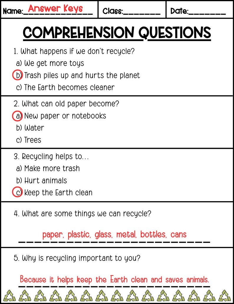 Recycling Reading Comprehension Passages and Activities | Earth Day ...