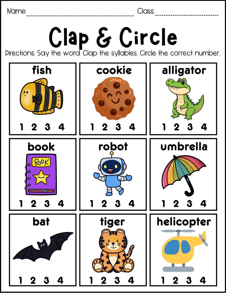 Counting Syllables Worksheets | Phonological Awareness Activities for K ...