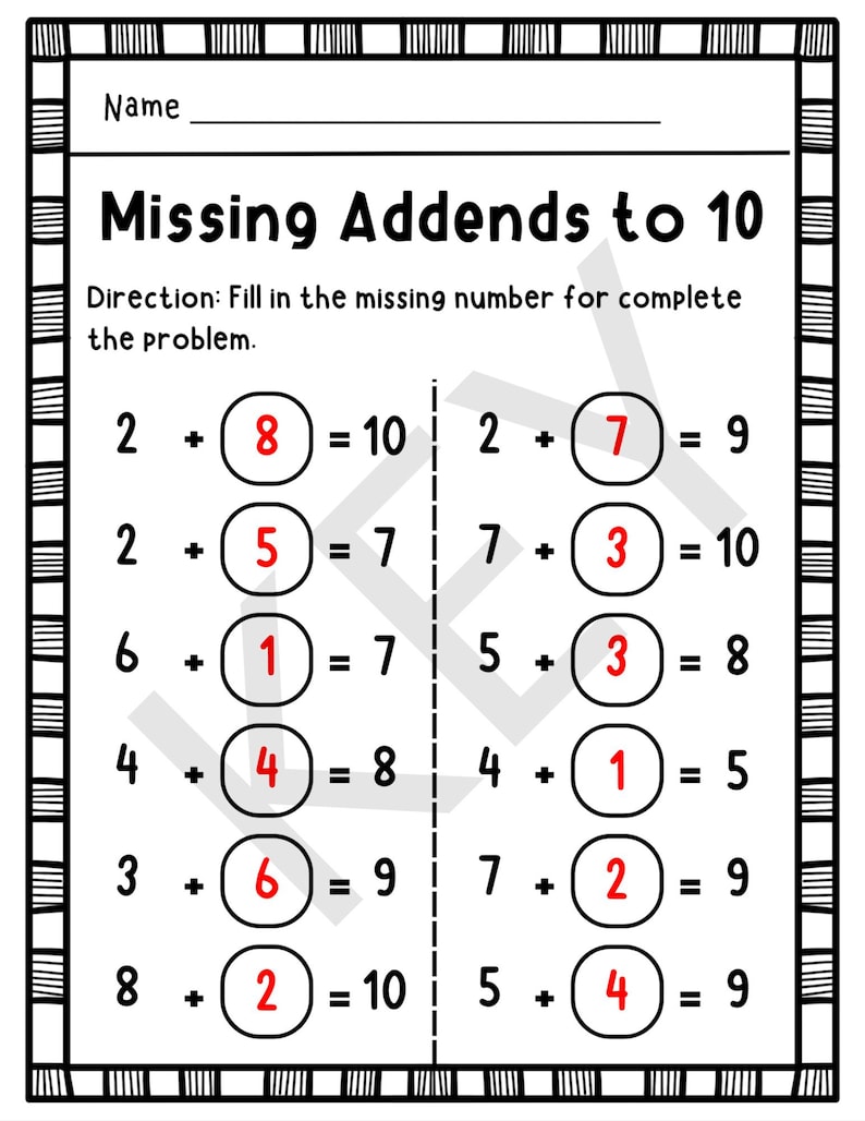 Missing Addends to 10 Worksheets With Answer Key | Kindergarten & 1st ...