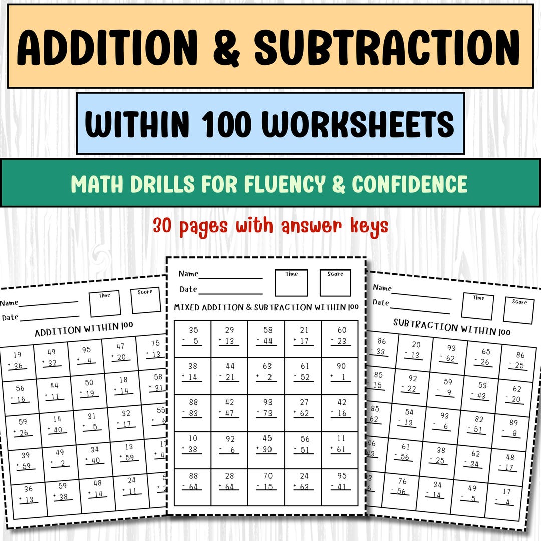 Addition & Subtraction to 100 | Vertical Math Practice Worksheets for ...
