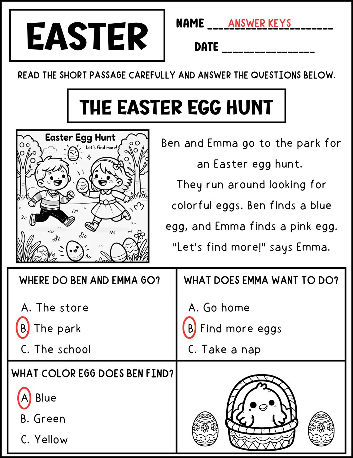 Easter Reading Comprehension for Kindergarten & 1st Grade | 10 Fun ...
