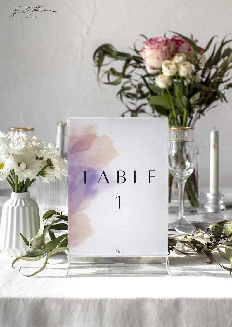 Editable Wedding Table Numbers Template - Purple and Peach - Watercolor ...
