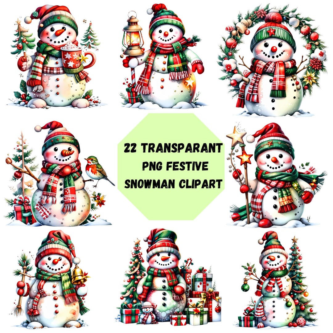 Festive Snowman Clipart Set Red and Green Snowman PNG, Winter Family ...