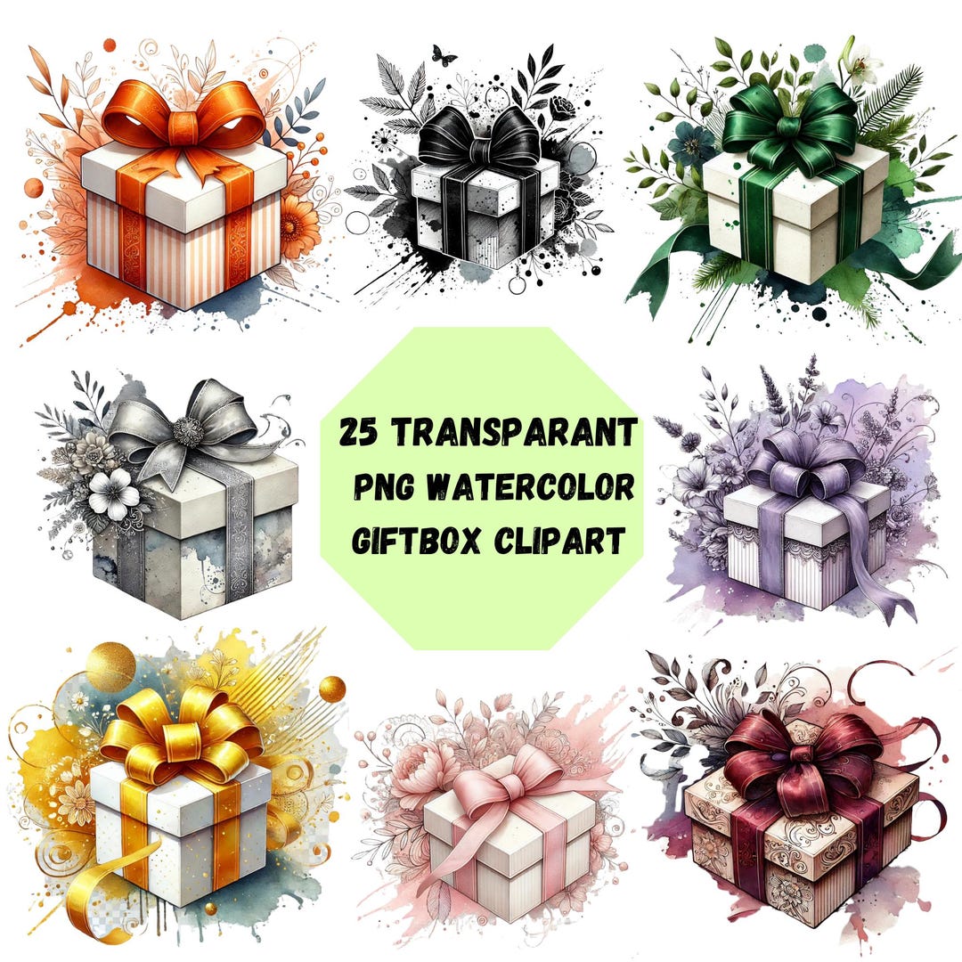Watercolor Gift Box Clipart,25 PNG Watercolor Box Clipart in Different ...