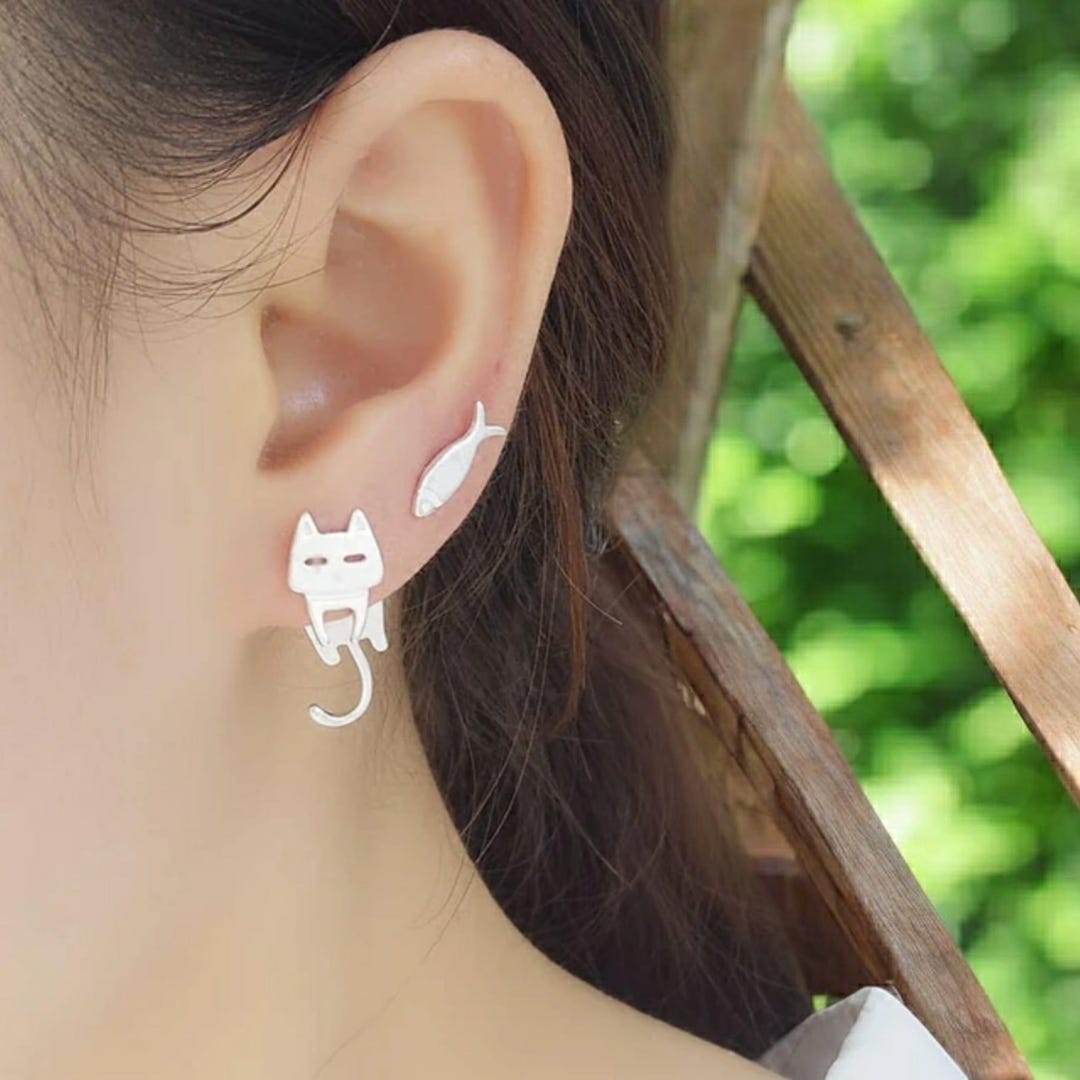 Mismatched Cat and Fish Earrings: Silver Animal Studs - Etsy