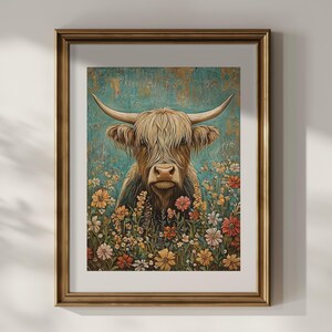 Highland Cow Wildflowers Poster Print Boho Style Vintage Wall Art ...