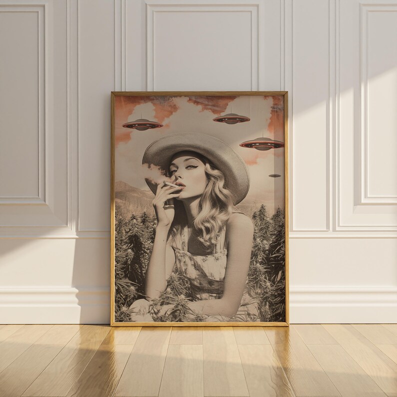 Vintage Girl in Cannabis Field Poster Print Surrealism Trippy Collage ...