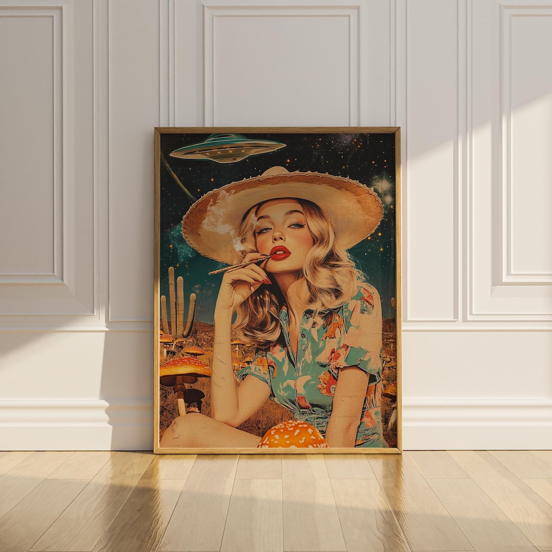 Psychedelic Vintage Collage Wall Art Cowgirl Mushrooms Cactus Western ...