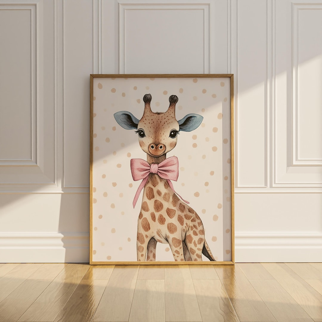 Cute Giraffe Poster Print Hand Drawn Painted Pink Coquette Bow Baby ...