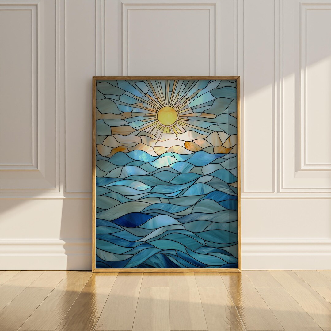 Stained Glass Sun Rays Ocean Waves Wall Art Printable Coastal Wall ...