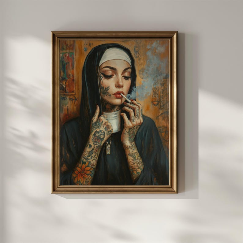 Tattooed Nun Smoking Cigarette Wall Art Tattoo Studio Wall Decor ...