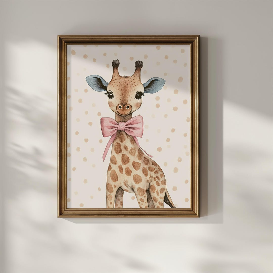 Giraffe Coquette Bow Wall Art Printable Hand Drawn Painted Kid's Room ...