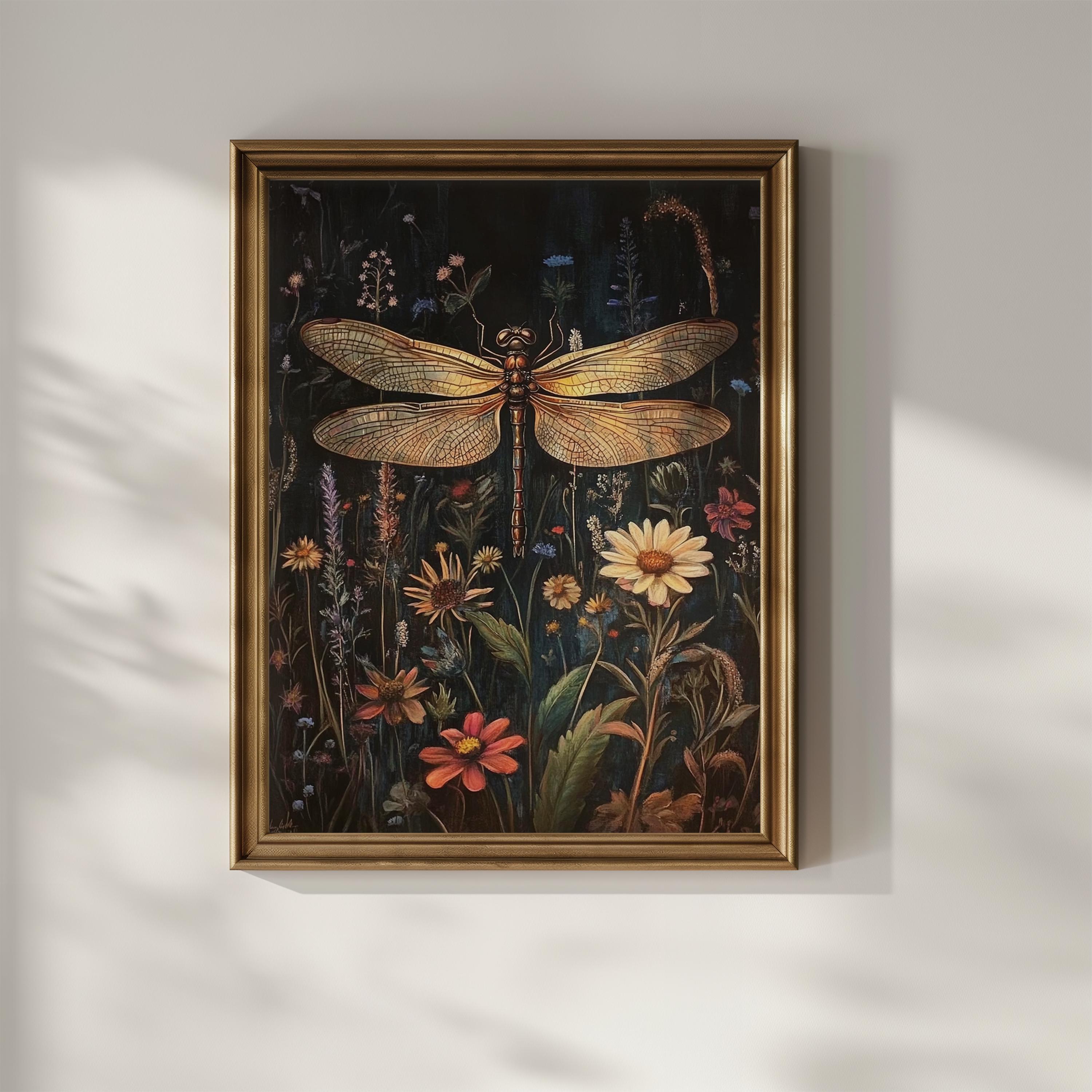 Dark Cottagecore Dragonfly Poster Print Moody Wildflower Botanical Wall ...
