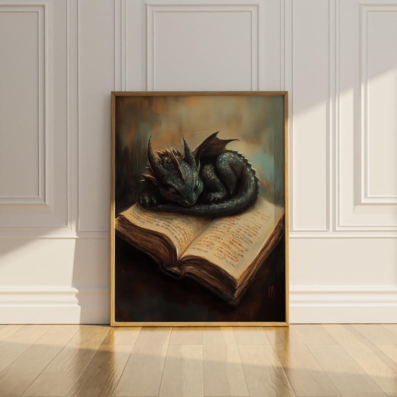 Book Dragon Poster Print Fantasy Book Lover Wall Art Dark Academia Wall ...
